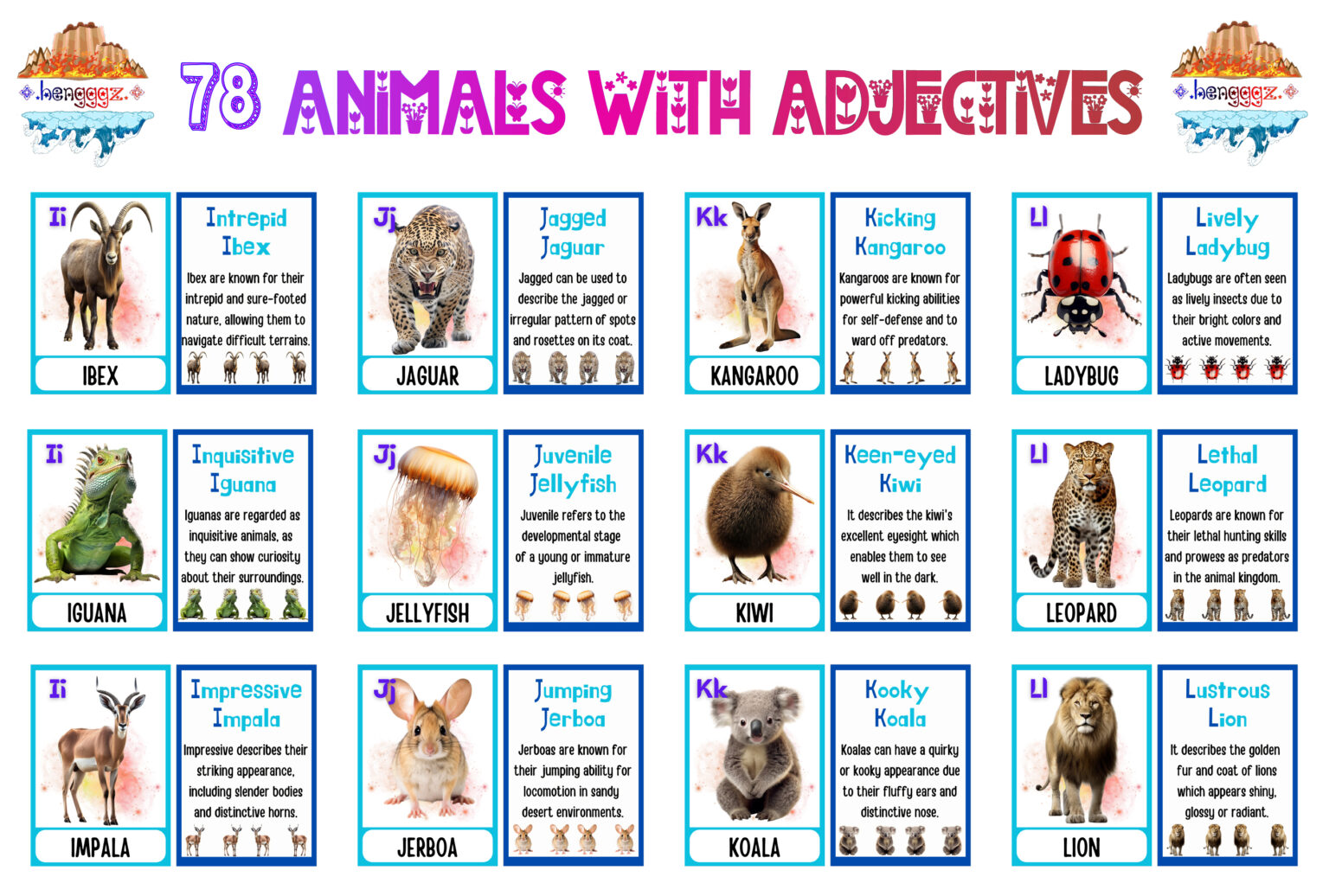 Flashcards: 78 Adjective Animals (A-Z) - Teacher Heng: Insightful Educator