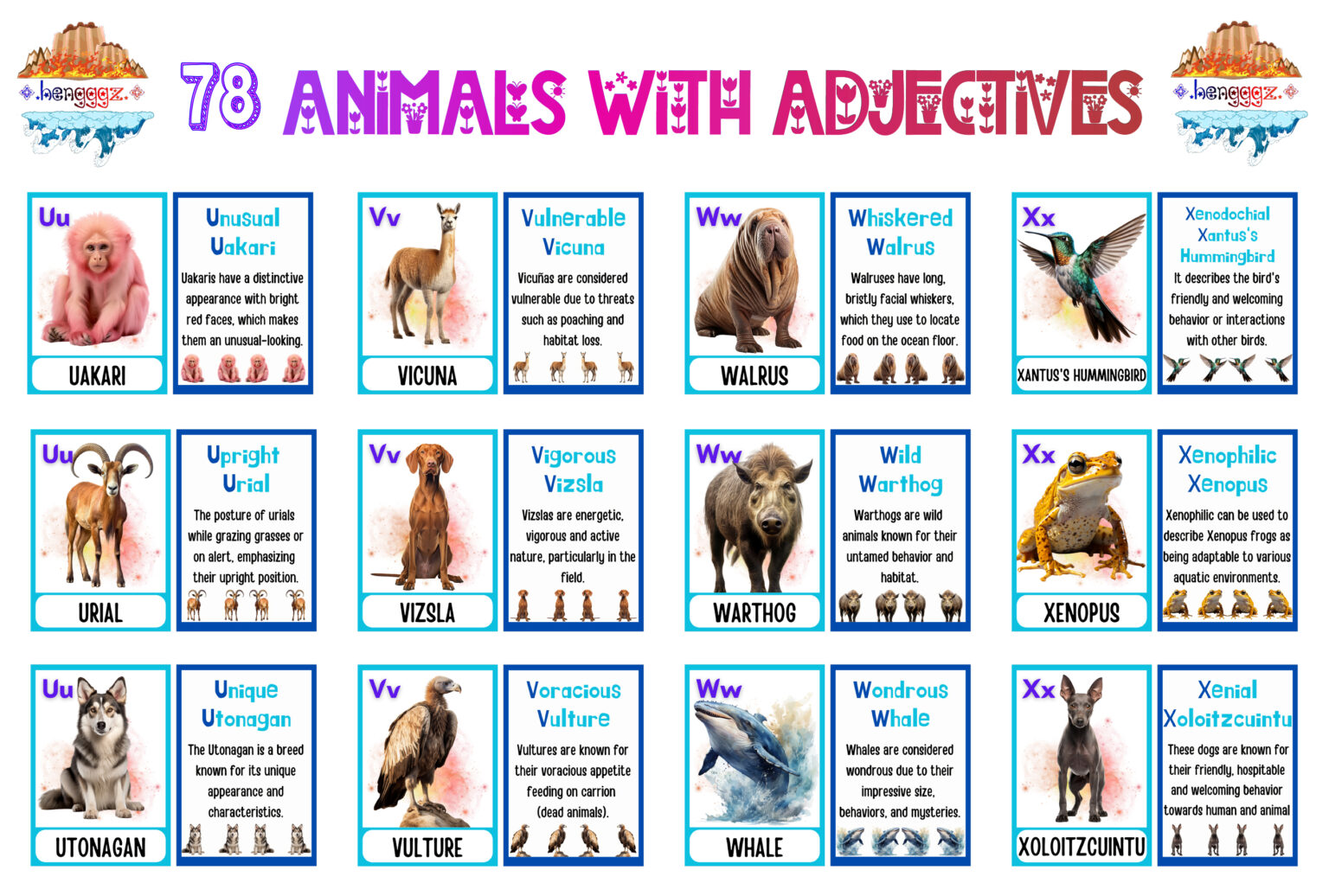 Flashcards: 78 Adjective Animals (A-Z) - Teacher Heng: Insightful Educator