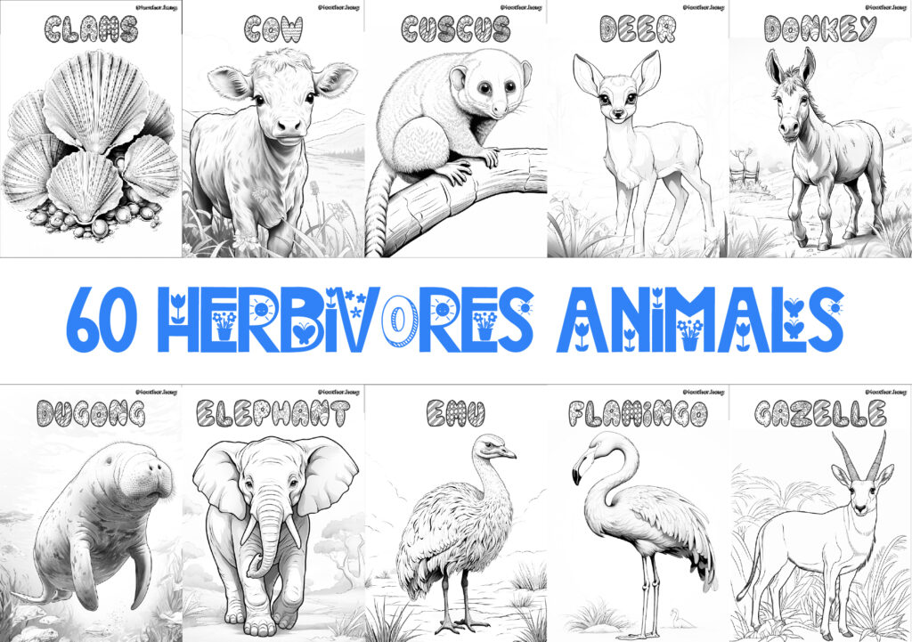 Coloring Book: 60 Herbivorous Animals - Teacher Heng: Insightful Educator